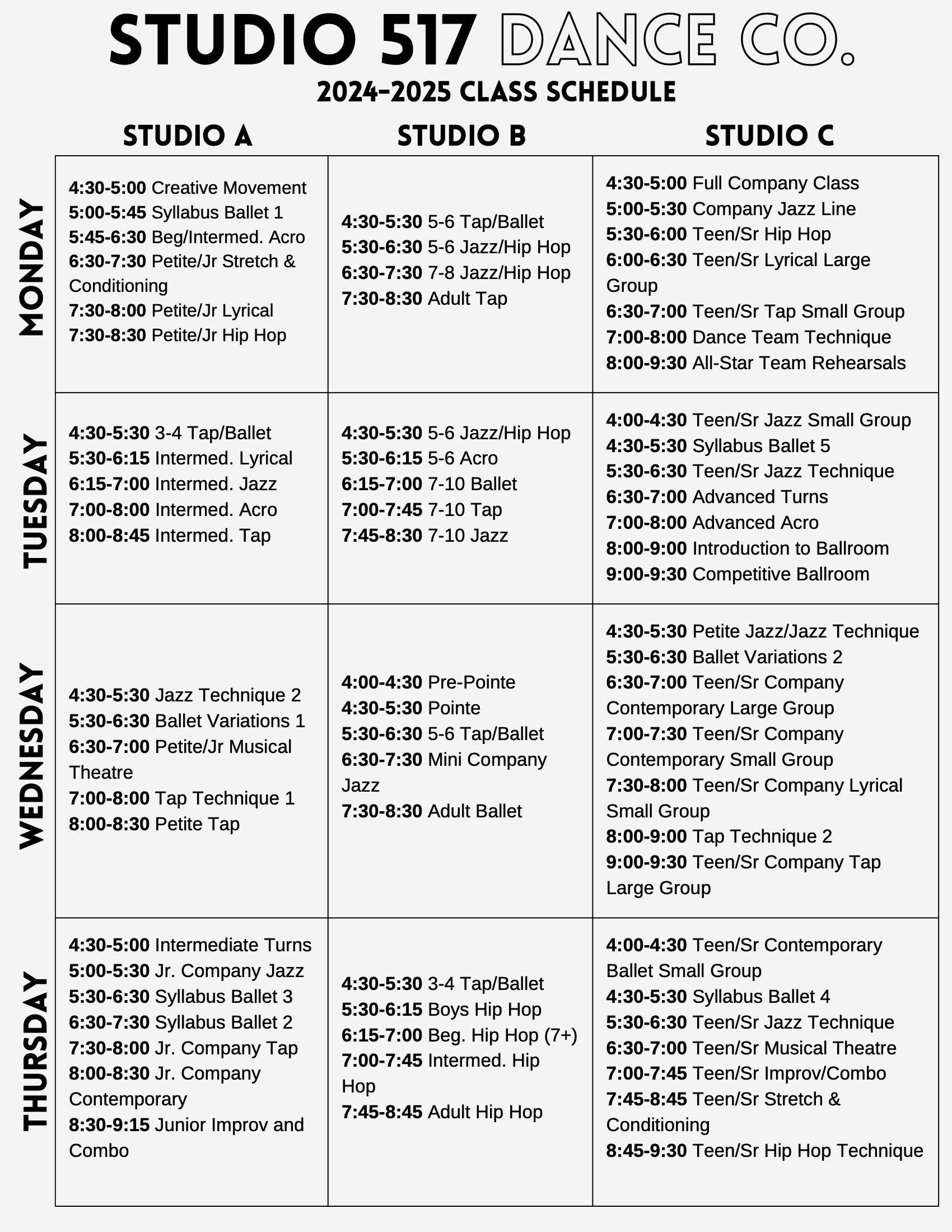 Schedule – Studio 517 Dance Company